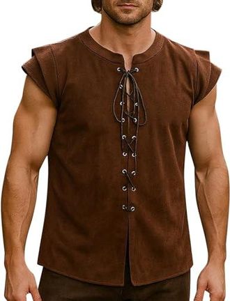 Generic DENGJIAMY Chemises m&eacute;di&eacute;vales pour homme - D&eacute;bardeurs vintage unis - D&eacute;bardeurs d&eacute;t&eacute; d&eacute;contract&eacute;s - T-shirt &agrave; lacets - T-shirt classique basique sans 