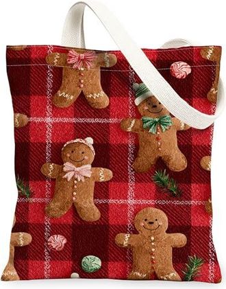 Generic Sacs fourre-tout en toile de pain d&eacute;pice de No&euml;l, sacs r&eacute;utilisables pour lhiver, rustique, avec bandouli&egrave;re lavable, Rouge, 13x15 Inch