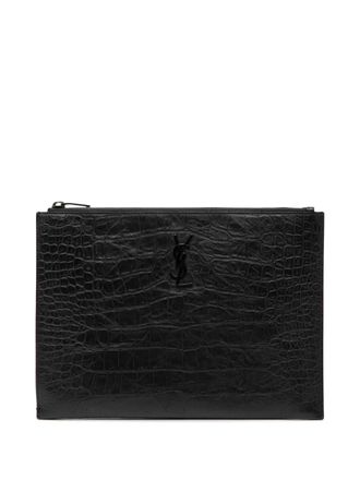 Saint Laurent 2016 iPad-H&uuml;lle aus Leder mit Monogramm und Kroko-Pr&auml;gung - Schwarz