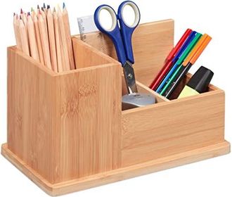 Relaxdays Stiftehalter Bambus, Organizer für Schreibtisch, Bad & Büro, 3 Fächer, Stiftebox HBT: 14 x 24,5 x 14 cm, Natur