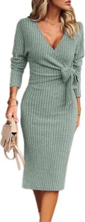 TOMWELL Femme Robe Pull Longue Pull &Agrave; Col Haut Manche Longue Pulls &Eacute;pais Casual Robe Automne Hiver Chandail Couleur Unie Maxi Robe A Vert 44