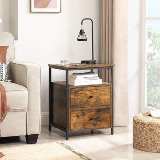 Vasagle Table de Chevet, Table dappoint, 45 x 45 x 60 cm, avec Compartiment Ouvert, 2 tiroirs, pour Salon, Chambre, Marron Rustique et Noir