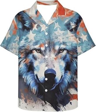 Keephen kewing Patriotique Drapeau USA Chemises Hommes/Femmes Aigle/Loup Impression 3D Chemise Hawaiienne Chemise &agrave; Boutons Cool Plage Vacances Col &agrave; Revers H