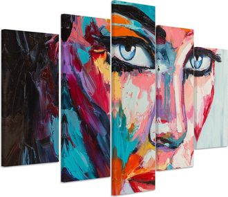 Paul Sinus Art Bilderskulptur 5 teilig Breite 150cm x Höhe 100cm Buntes modernes Ölgemälde - Frau mit blauen Augen auf Leinwand exklusives Wandbild moderne Fotografi