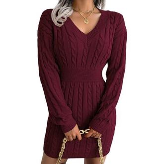 Generic Robe Pull Femme Courte Moulante Col V Manches Longues Taille Ajustée Mode Hiver