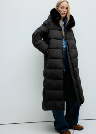 Mango Anorak matelass&eacute; capuche fausse fourrure noir - Femme - XS - MANGO