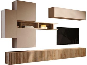 Dmora Wohnwand Calascio, Modularer Wohnzimmer Schrank, ein Regal Made in Italy, Komposition Set, Birnbaum Braun