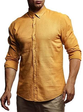 LEIF NELSON LN3875 Chemise à manches courtes dété en lin et en coton pour homme, col montant, manches longues, coupe ajustée pour les loisirs, Moutarde, XXL