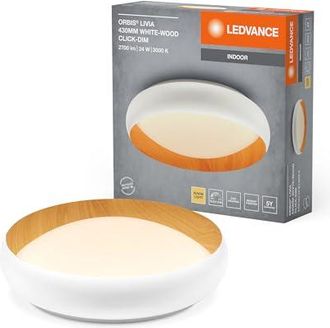 Ledvance ORBIS Livia LED-Deckenleuchte mit Metallring, weiß/Holzdekor, 24W, 1200lm, 3000K, 430mm, 830 freundliches Warmweiß, durch Klicken in 3-Stufen dimmbar,