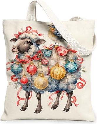 Generic Sac fourre-tout en toile de mouton de No&euml;l, motif animal fantaisie, sacs l&eacute;gers et lavables &agrave; bandouli&egrave;re pour les vacances, les voyages, les pique-ni