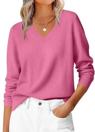 Generic Pull dautomne 2026 &agrave; col en V pour femme, solide, classique, d&eacute;contract&eacute;, en tricot c&ocirc;tel&eacute;, &agrave; manches longues, l&eacute;ger, tunique douce et basique, rose, 