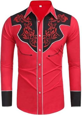 Generic Chemise western en jean pour homme, chemise d&eacute;contract&eacute;e &agrave; manches longues en coton pour Halloween, Rouge past&egrave;que, 3XL