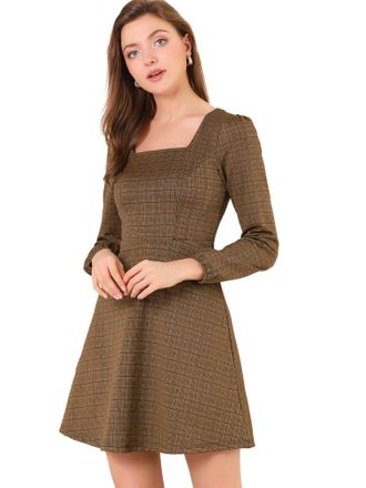 Allegra K Damen Herbst Vintage quadratischer Ausschnitt Langarm Plaid Kleid - - Mittel