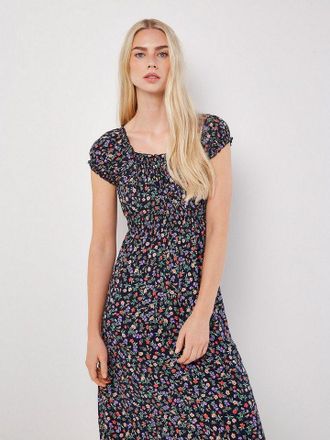 Apricot Midikleid Florales Midikleid mit gesmokter Taille