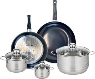 Fackelmann ELO 9739150 Batterie de cuisine 5 pièces, Ensemble de 2 Poêles de cuisson 28 et 32 cm et 3 faitouts 12, 16 et 24 cm Elo Prima Brillant, inox, inductio