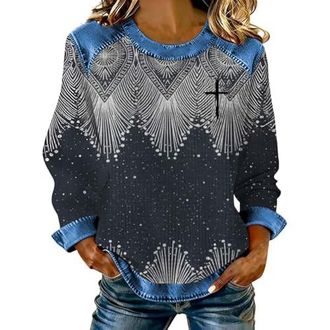 Generic Sweats chr&eacute;tiens pour femmes, religieuse, foi, J&eacute;sus, croix, graphique en denim, pull vintage en tricot gaufr&eacute;, patchwork, chemise surdimensionn&eacute;e &agrave; c