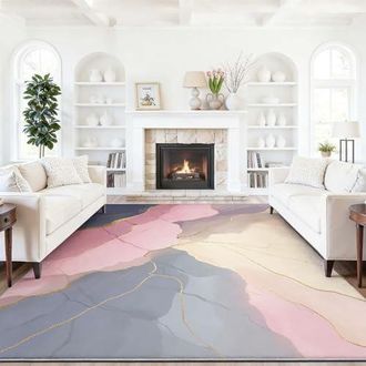 Generic Moderne Antid&eacute;rapant Tapis Rose Gris - Doux R&eacute;sistant Lavable en Machine Tapis &agrave; Motif Abstrait Aquarelle Marbre Rayures Poil Ras Moquette pour Salon 