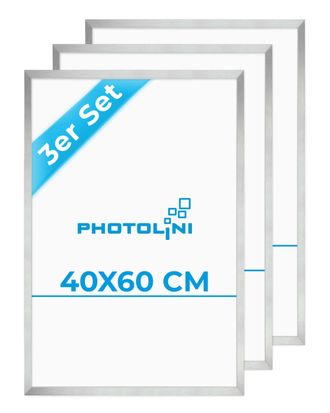 Photolini Bilderrahmen 40x60 3er Set Silber Holz MDF, Bilderrahmen 60x40, bruchsicheres Acrylglas, picture frame 40 x 60 zum Aufh&auml;ngen, extra Zubeh&ouml;r - f&uuml;r Foto