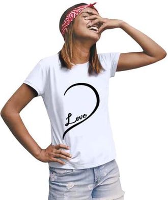 Generic T-shirt d&eacute;contract&eacute; &agrave; manches courtes et col rond pour femme de la Saint-Valentin 2026, blanc, XXL