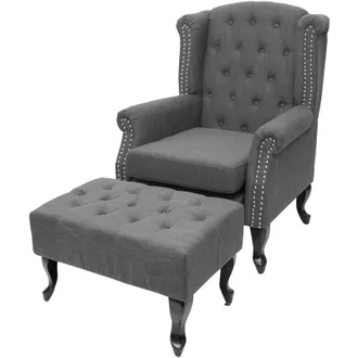 Hhg Neuwertig] Sessel Chesterfield Oxford, Relaxsessel Clubsessel Ohrensessel, wasserabweisend Stoff/Textil dunkelgrau mit Ottomane