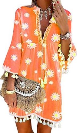 Onsoyours Robe Été Femme de Plage Rétro Robes Col V Lâche Manches Longues Bohème A-Line Gland Mini Robe Dentelle Floral Robe de Cocktail 1 Orange XL