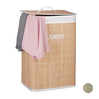 Relaxdays Wäschekorb Bambus, mit Deckel, 60 l, Wäschesack, faltbar, Wäschesammler mit Aufdruck, 60x40x30cm, Natur