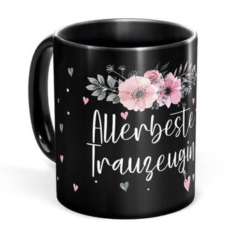 Tassendruck Schwarze Tasse mit Spruch f&uuml;r die allerbeste Trauzeugin - Tasse Bedruckt mit Spruch - Geschenk f&uuml;r Trauzeugin, Geschenk Familie | Schwarze Fototasse, 