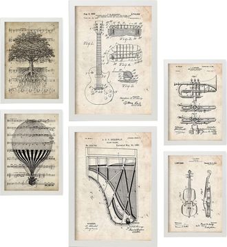 Nacnic Set von 6 Poster Musik. Sammlung von Platten mit ästhetischer Collage für Innendekoration. Größen A3 und A4. Rahmenlos