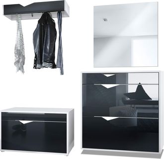 Vladon Garderobe Kolmio 190 x 185 x 33 cm Flurgarderoben Set, Made in Germany, Korpus in Weiß matt, Fronten in Schwarz Hochglanz | Große Farbauswahl