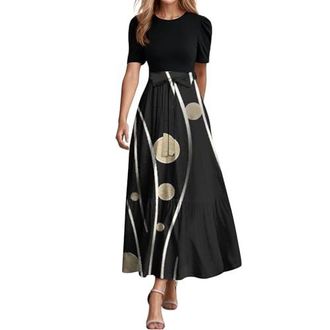 Generic Robe d&eacute;t&eacute; pour femme - Imprim&eacute; floral - Manches courtes - Robe maxi patchwork &agrave; volants - Robe trap&egrave;ze, Noir, XL