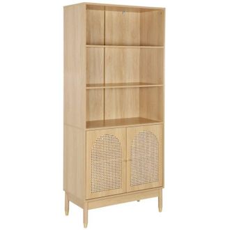 Sweeek Regal B&uuml;cherregal Holzdekor und Rattan-Geflecht 4 Ebenen 2 T&uuml;ren
