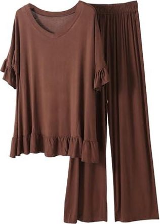 Generic Pyjama Satin Ensemble Pyjama pour Femmes, Haut à Manches Courtes et Pantalon Long Nuisette Femme Sexy Satin Pyjama Femme Ensemble (Coffee, XXL)