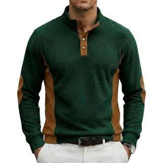 Generic Polo en velours c&ocirc;tel&eacute; d&eacute;contract&eacute; &agrave; manches longues et col montant boutonn&eacute; Henley pour homme, Vert, XXL
