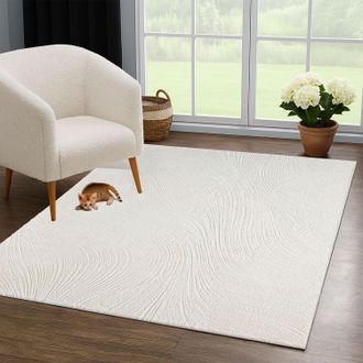 Vimoda Teppich Wohnzimmer Teppich Schlafzimmer, Flur, k&uuml;che Kurzflor Boho Design Unifarbe Hoch-Tief-Effekt Modern 3D Weich,Farbe:Creme;Ma&szlig;e:200x290 cm