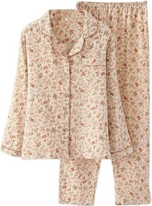 Generic Ensemble de pyjama en crêpe de coton pour femme 2025 avec revers fin et double gaze, Rose Garden, M