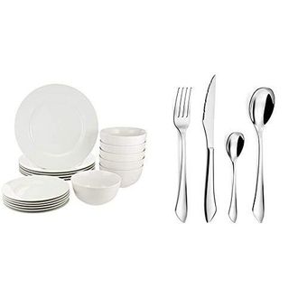 Amazon Basics Service de table en porcelaine pour 6 personnes 18 pi&egrave;ces & Amefa 645600AF01C40 Instinct M&eacute;nag&egrave;re 24 pi&egrave;ces - Coffret 6 personnes, Acier inoxydable, F