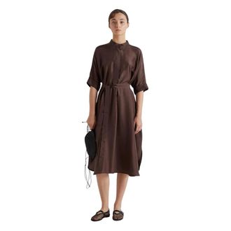 Meimeij Femme, Robes, Brun, Taille: 34 FR Ampio Abito Collo alla Coreana, Manica Corta e Cintura Abbinata