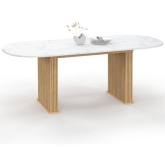 IDMarket Table &agrave; manger extensible ovale JULIETTE 6-10 personnes pieds effet lattes et plateau effet marbre ALASKA 160-200 cm