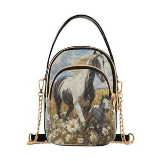 Mnsruu Petit sac &agrave; bandouli&egrave;re en cuir pour femme Motif cheval et marguerite