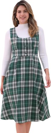 Allegra K Damen Kariertes Vintage Kleid &Auml;rmellos Hohe Taille A-Linie Midi-Latzkleid mit Tasche Gr&uuml;n XL