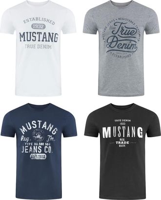 Mustang Jeans Herren T-Shirt 4er Pack Frontprint O-Neck Rundhalsausschnitt Kurzarm Regular Tee Shirt 100% Baumwolle Schwarz Wei&szlig; Grau Blau Gr&uuml;n, Gr&ouml;&szlig;e:S, Farbe:Farb
