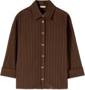 Oltre Femme, Blouses et Chemises, Brun, Taille: 44 FR Chemise &agrave; Rayures en Lin M&eacute;lang&eacute;
