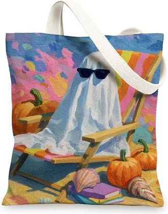 Generic Sacs fourre-tout en toile fantôme, motif citrouille dHalloween amusant, sacs dépicerie réutilisables, colorés, artistiques, légers, lavables, coloré, 
