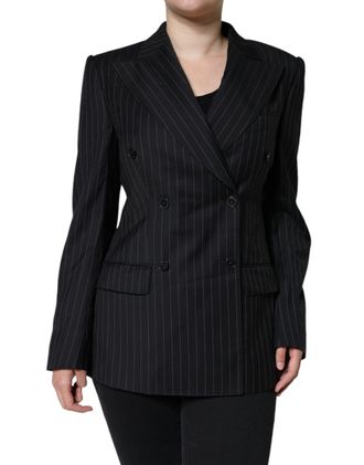 Dolce & Gabbana Womens Black Striped Double Breasted Coat Jacket Virgin Wool Clothing
