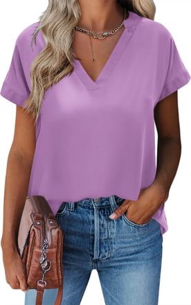 Zeagoo Bluse Damen Kurzarm Casual Einfarbig Blusen Shirt Sommer V Ausschnitt Chiffon Oberteil Top Strand Tunika Blusen Violett XXL