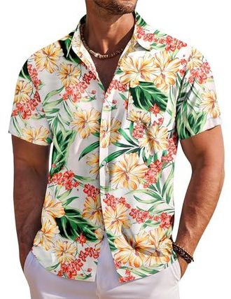 Coofandy Chemise hawa&iuml;enne &agrave; manches courtes pour homme, chemise d&eacute;t&eacute; tropicale pour les vacances et la plage avec poche avant, blanc fleur, 3XL