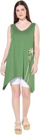 Ulla Popken Top, Zipfelsaum, V-Ausschnitt, Ärmellos, Biobaumwolle Haut zippé avec imprimé Palmier, Vert Mousse, 54-56 Femmes