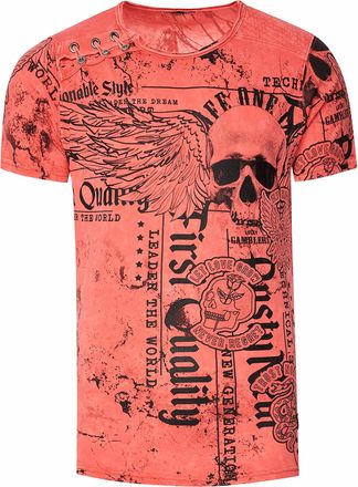 Rusty Neal Herren T-Shirt Verwaschen mit Plakativem Print Flying-Skull Stretch-Shirt Streetwear-Finest mit Seitlicher-Knopfleiste 296, Farbe:Koralle, Gr&ouml;&szlig;e S-3XL