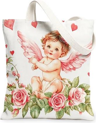 Generic Sac fourre-tout en toile avec motif ange rose pour le shopping, 33 x 38 cm, sac d&eacute;picerie r&eacute;utilisable avec motif coeur damour romantique pour femme, 