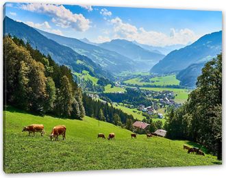Pixxprint Kuhherde auf Zillertaler Almwiese, Größe: 120x80cm, Leinwandbild, fertig gespannt, Wandbild, Dekoration, Kunstdruck, kein Poster